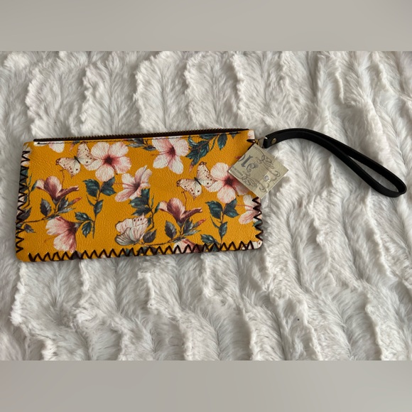 Bags | Yellow Floral Wristlet Wallet Zips Vegan Leather | Poshmark